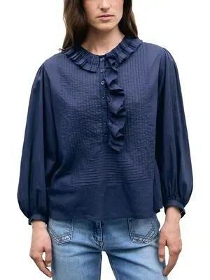 Gerard Darel Cotton Ruffle Trim Blouse - Navy