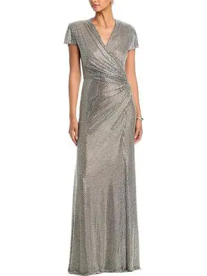 SELF-PORTRAIT Rhinestone Mesh Wrap Maxi Dress - Grey