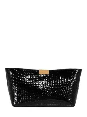 Aqua Medium Croc Embossed Patent Leather Clutch - Black