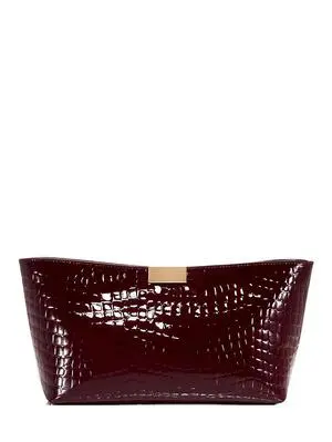 Aqua Medium Croc Embossed Patent Leather Clutch - Red