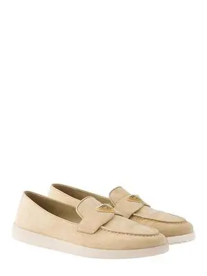 Prada Suede Leather Loafers With Gold Tone Detail - Neutral