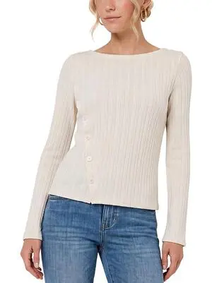LIVERPOOL Boat Neck Jacquard Rib Knit Sweater With Button Detailing - Bone