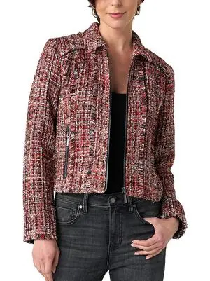 LIVERPOOL Zip Front Fringe Trim Tweed Jacket - Red/ Multi