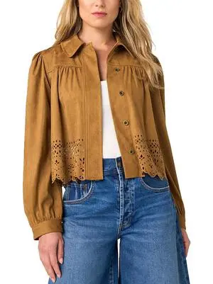 LIVERPOOL Faux Suede Puff Sleeve Jacket With Eyelet Hem - Carmel