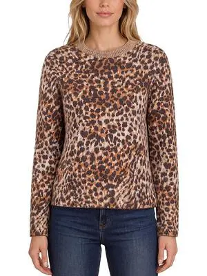 LIVERPOOL Animal Print Crewneck Long Sleeve Sweater - Java Multi Leopard