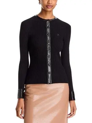 COURREGES Contrasted Vinyl Rib Knit Cardigan - Black