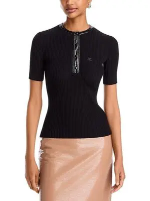 COURREGES Contrasted Vinyl Rib Knit Short Sleeve Top - Black