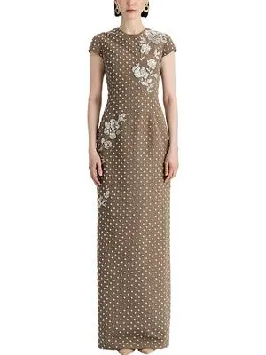 Oscar De La Renta Silk Crystal Embellished Gown - Stone