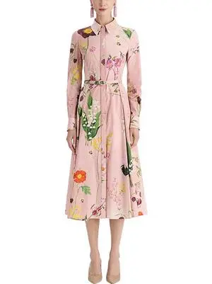 Oscar De La Renta Collared Mixed Botanical Dress - Blush Multi