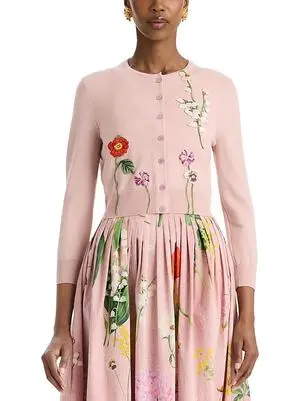 Oscar De La Renta Embroidered Crewneck Cardigan Sweater - Blush