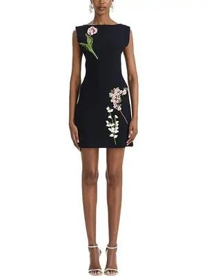 Oscar De La Renta Embroidered Wool Mini Dress - Navy