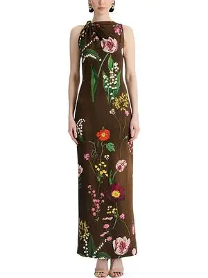 Oscar De La Renta Mixed Botanical Milano Jersey Maxi Dress - Brown Multi