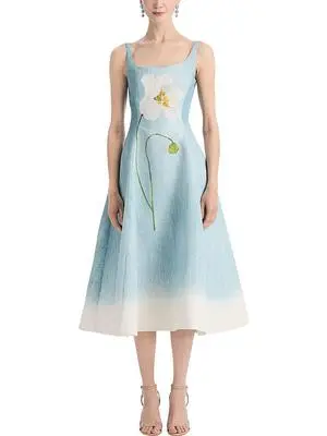 Oscar De La Renta Sleeveless Scoop Neck Peony Print Faille Dress - White/blue