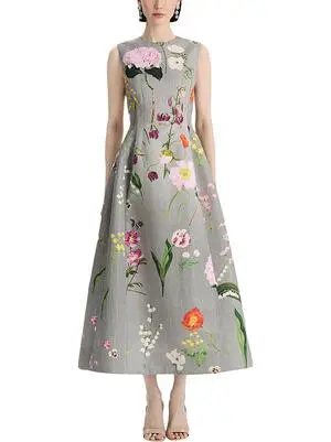 Oscar De La Renta Sleeveless Mixed Botanical Faille Cocktail Dress - Grey Multi