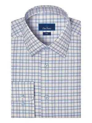 David Donahue Trim Fit Dobby Check Cotton Dress Shirt - Sand/ Blue