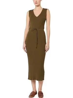 Max Mara Ribbed Knit Midi Dress With Tie Detail - Mud