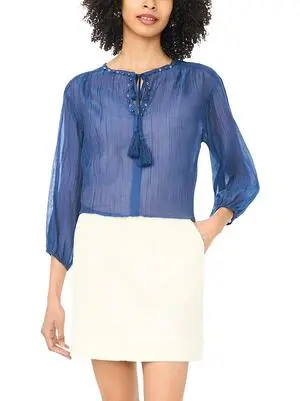 Vince Camuto Split Neck Peasant Blouse With Tassel Detail - Classic Navy