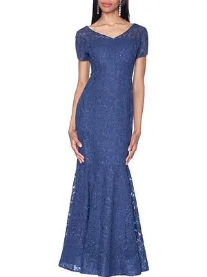 Shani V-neck Lace Gown With Allover Crystals - Navy
