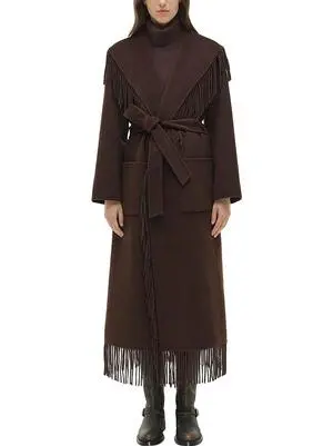 Simkhai Carrie Fringe Trim Belted Coat - Chocolate