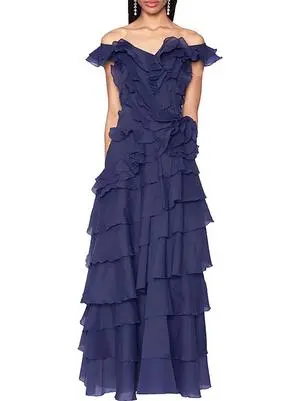 Shani Off-shoulder Ruffle Tiered Gown - Navy