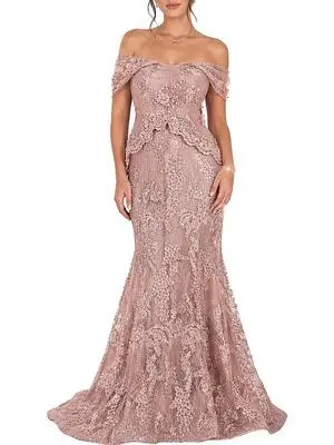 Shani Off-the-shoulder Embroidered Gown With 3d Appliqu - Petal
