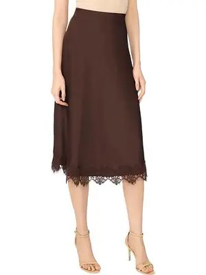 CECE DUPRAZ Satin Lace Trim Midi Skirt - Coffee Bean
