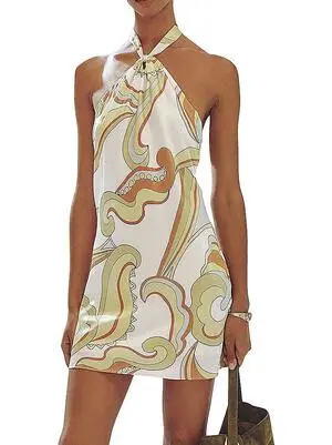 REFORMATION Printed Silk Halter Mini Dress - Isola