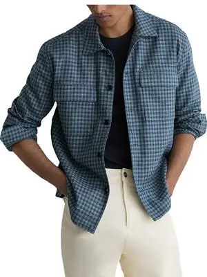 REISS Sever Cotton Blend Linen Check Overshirt - Indigo