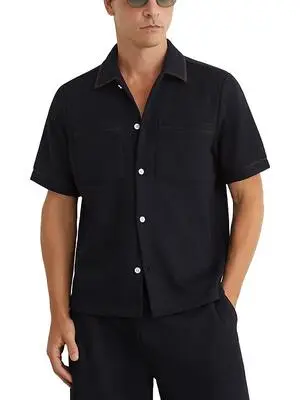 REISS Weaver Short Sleeve Textured Piped Shirt - Navy