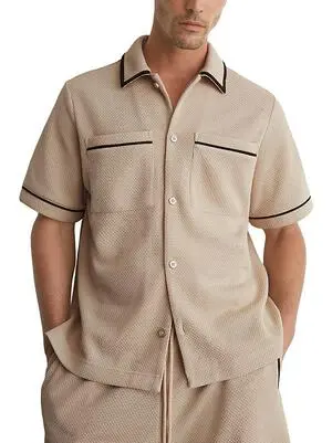 REISS Weaver Short Sleeve Textured Piped Shirt - Stone
