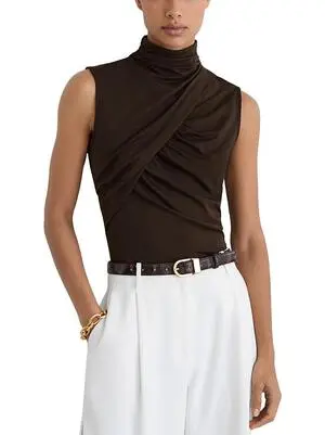 REISS Wanda Ruched High Neck Top - Chocolate