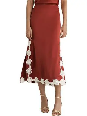 REISS Floral Lace Trim Satin Midi Skirt - Rust Orange