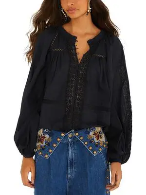 Farm Rio Embroidered Cotton Blouse - Black