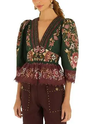 Farm Rio Daniela Cotton Peplum Blouse - Daniela Green