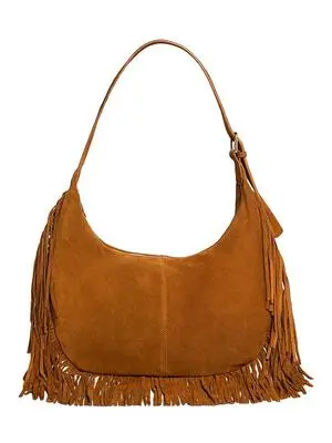 Aqua Large Fringed Suede Hobo Bag - Cognac