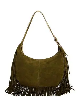 Aqua Large Fringed Suede Hobo Bag - Olive
