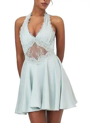 MISS CIRCLE NEW YORK Rianna Crinkle Satin Halter Mini Dress - Sage