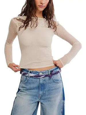 Free People Night Mode Mesh Lace Long Sleeve Top - Tea