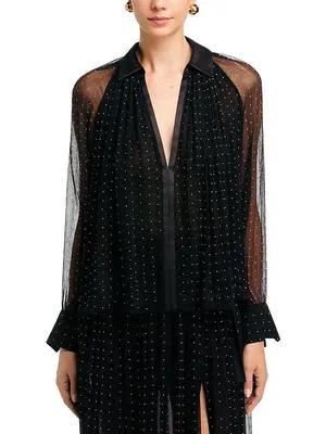 Vince Spread Collar Polka Dot Sheer Sleeve Top - Black