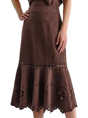 CARTOLINA Marlo Embroidered Linen Midi Skirt - Red