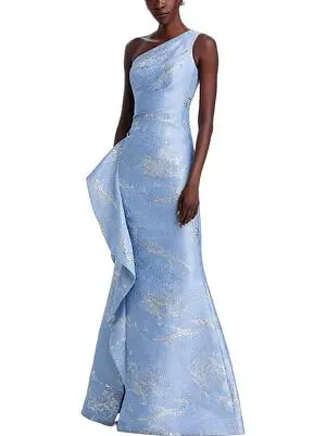 Rickie Freeman For Teri Jon Metallic Jacquard One-shoulder Gown - Light Blue Silver