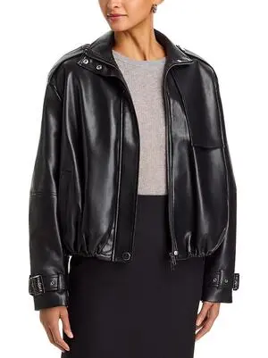 TOCCIN Alyssa Faux Leather Funnel Neck Bomber Jacket - Jet