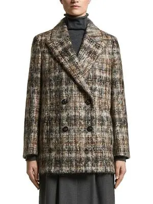 Peserico Double Breasted Check Boucle Coat - Eclipse Gray