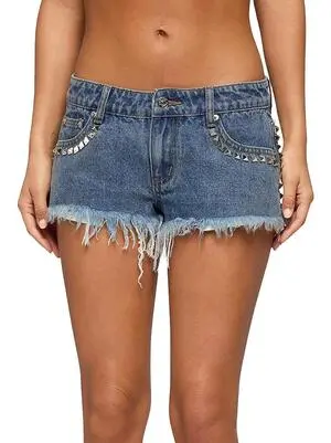 EDIKTED Studded Frayed Low Rise Denim Shorts - Blue-washed