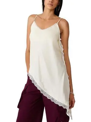 Steve Madden Asymmetrical Draped Lace Trim Top - Cream