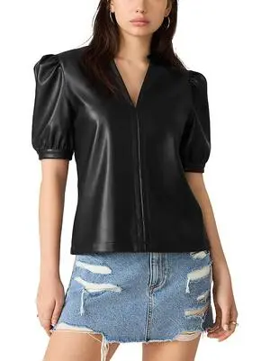 Steve Madden Cecila Faux Leather Puff Sleeve Top - Black
