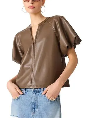 Steve Madden Cecila Faux Leather Puff Sleeve Top - Coco