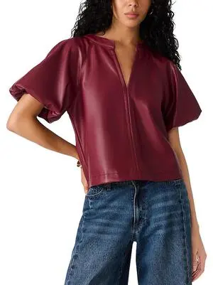 Steve Madden Cecila Faux Leather Puff Sleeve Top - Cordovan