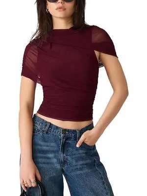 Steve Madden Asymmetrical Draped Mesh Top - Deep Fig