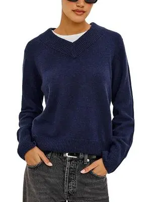 Rails Lidya Rib Trim V Neck Sweater - Navy